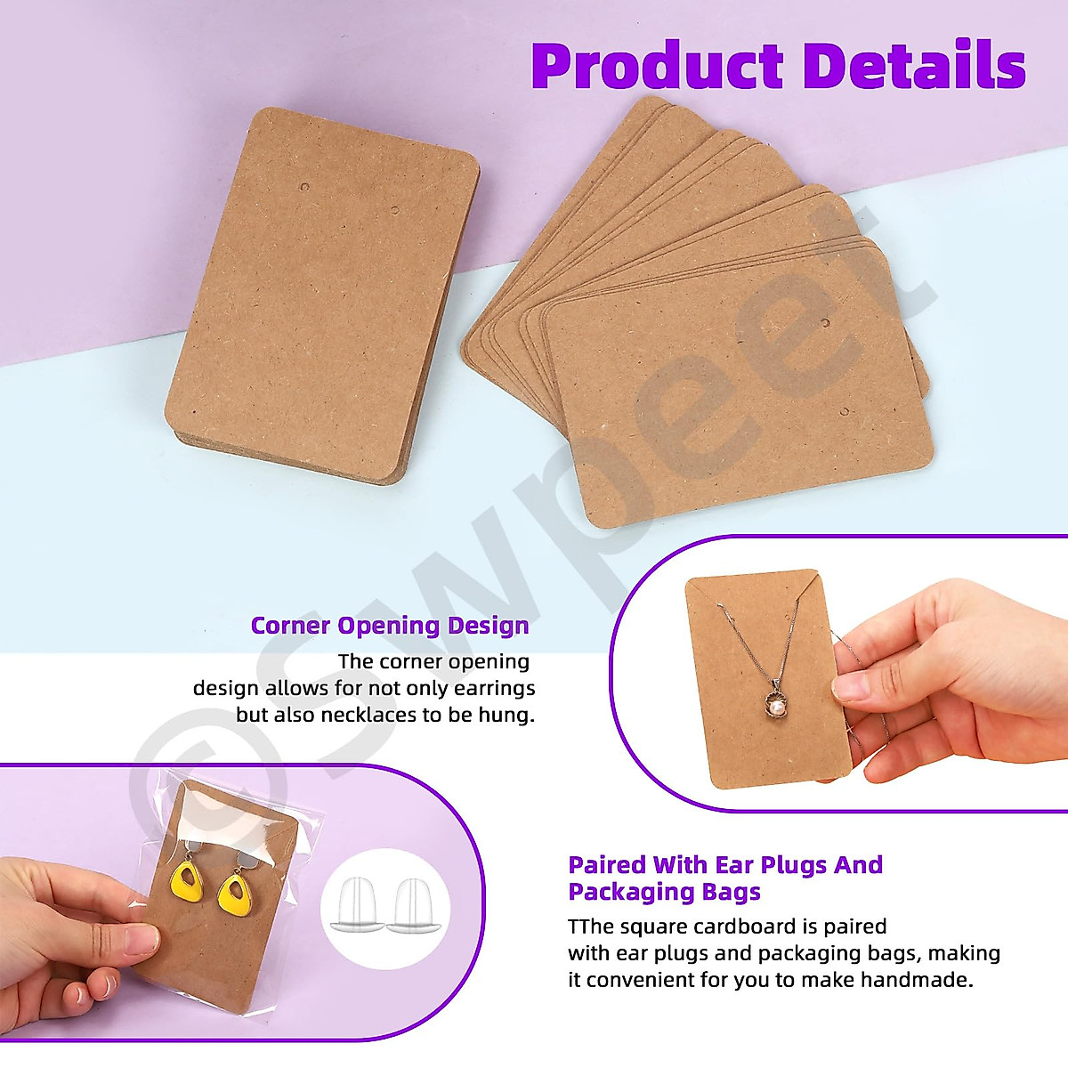 Swpeet 300Pcs Cowhide Color Earring Display Cards Assorment Kit, 100Pcs 3.5 x 2.4 Inches Square Earring Holder Cards with Silicone Earring Backs and Self-Seal Bags for Earrings Necklace Jewelry