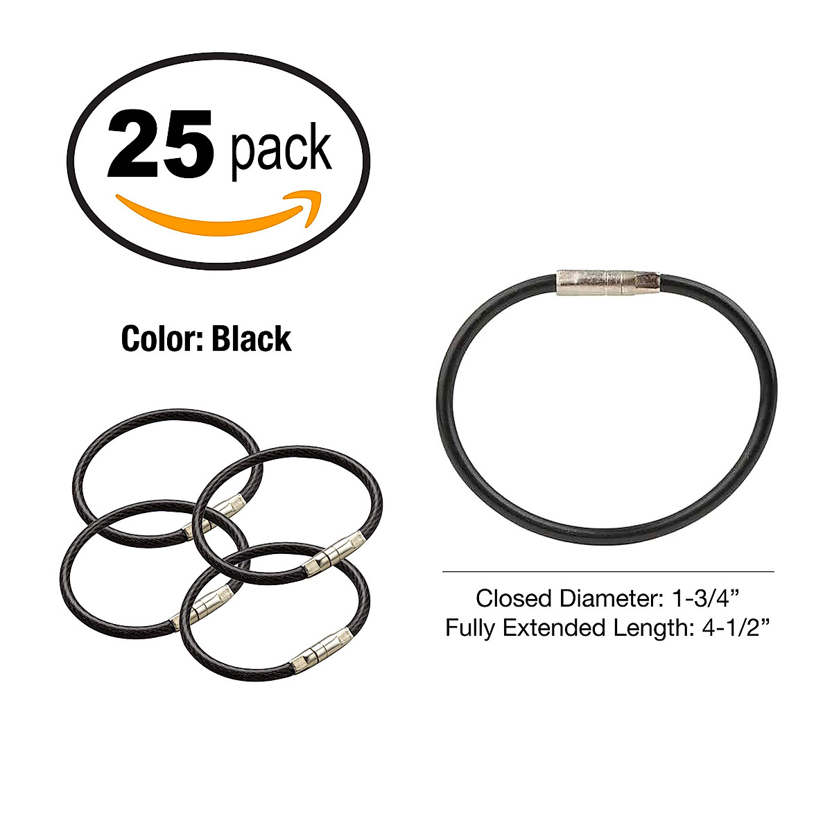 Lucky Line 4-1/2" Locking Cable Key Ring, Crimp to Permanently Close, Nylon Coated Steel Wire, Corrosion-Resistant, 25 Pack, Black (80820)