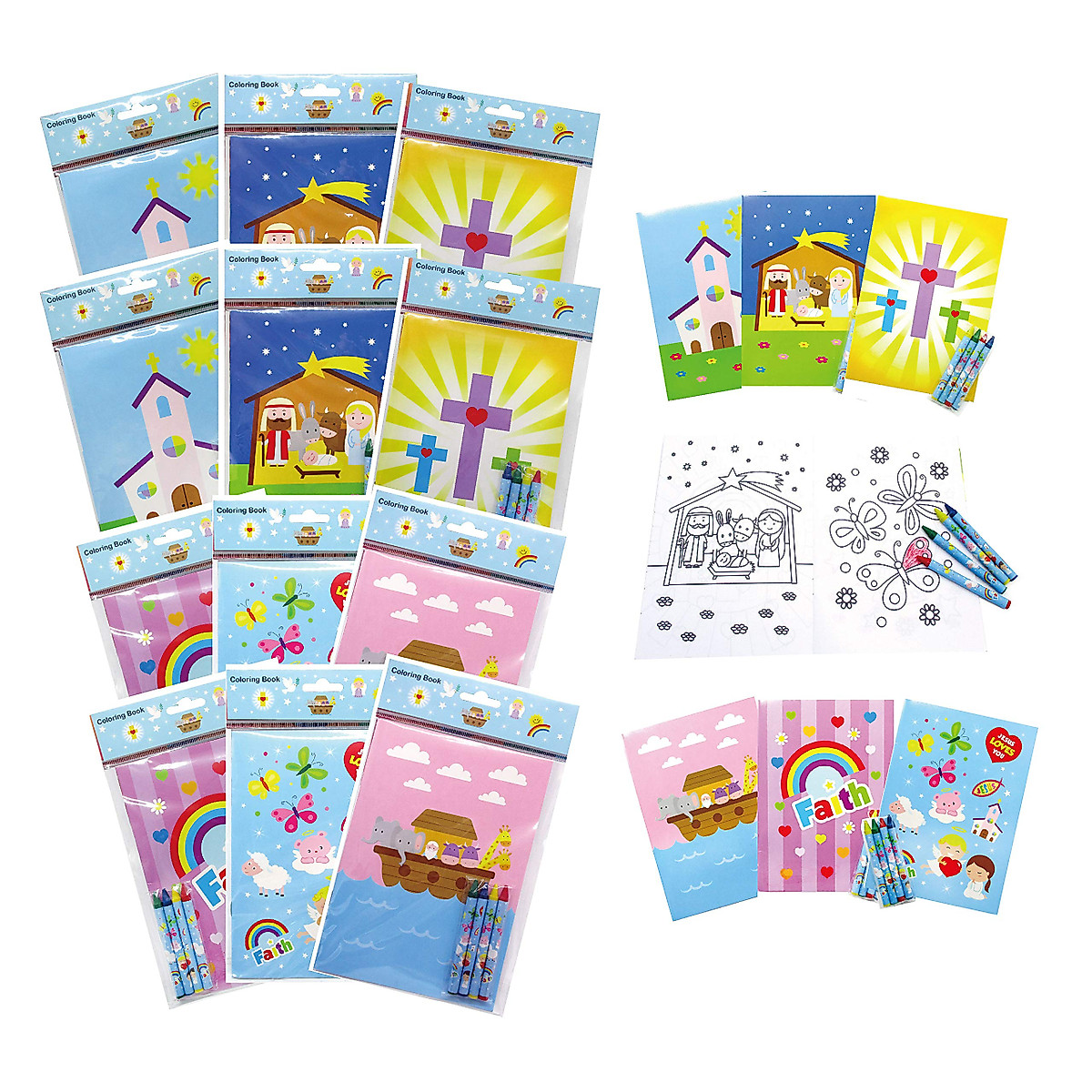 Tiny Mills Christian Religious Coloring Book Set for Kids with 12 Coloring Books and 48 Crayons Favor Bag Filler Sunday School VBS Rewards Basket Fillers Church Carnivals