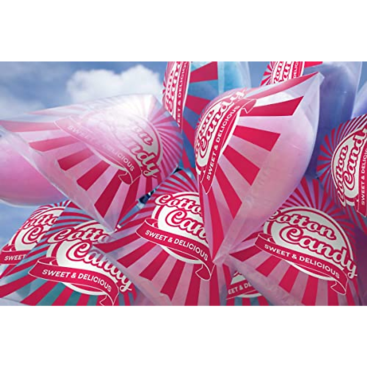 Cotton Candy Bags with Ties (100 Count), Clear Bags for Cotton candy with Print, Prefect for Carnivals and Parties. 11.5x18.5 Inches (Red)