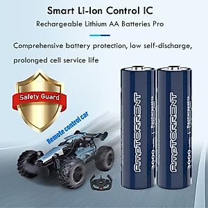 AmpTORRENT Rechargeable Lithium AA Batteries, 3000mWh Rechargeable AA Batteries with Charger, 1.5V AA Lithium Battery Constant Output, 2 Hour Fast Charging, Leakproof Design, 1600 Cycles
