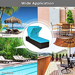 Tangkula 2PCS Outdoor Chaise Lounge Chair with Folding Canopy, Adjustable Cushioned Reclining Chair with Flip-up Tea Table, Rattan Sun Lounger for Beach Poolside Backyard Balcony Porch (2, Turquoise)