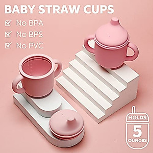 2 Pcs Silicone Sippy Cup Training Cup for Baby 6 Months+ Soft Baby Cup with Straw Spill Proof Sippy Cups for Toddlers with Handles and Spout Lid Easy Grip 5 Oz (Pink Series, Solid Style)
