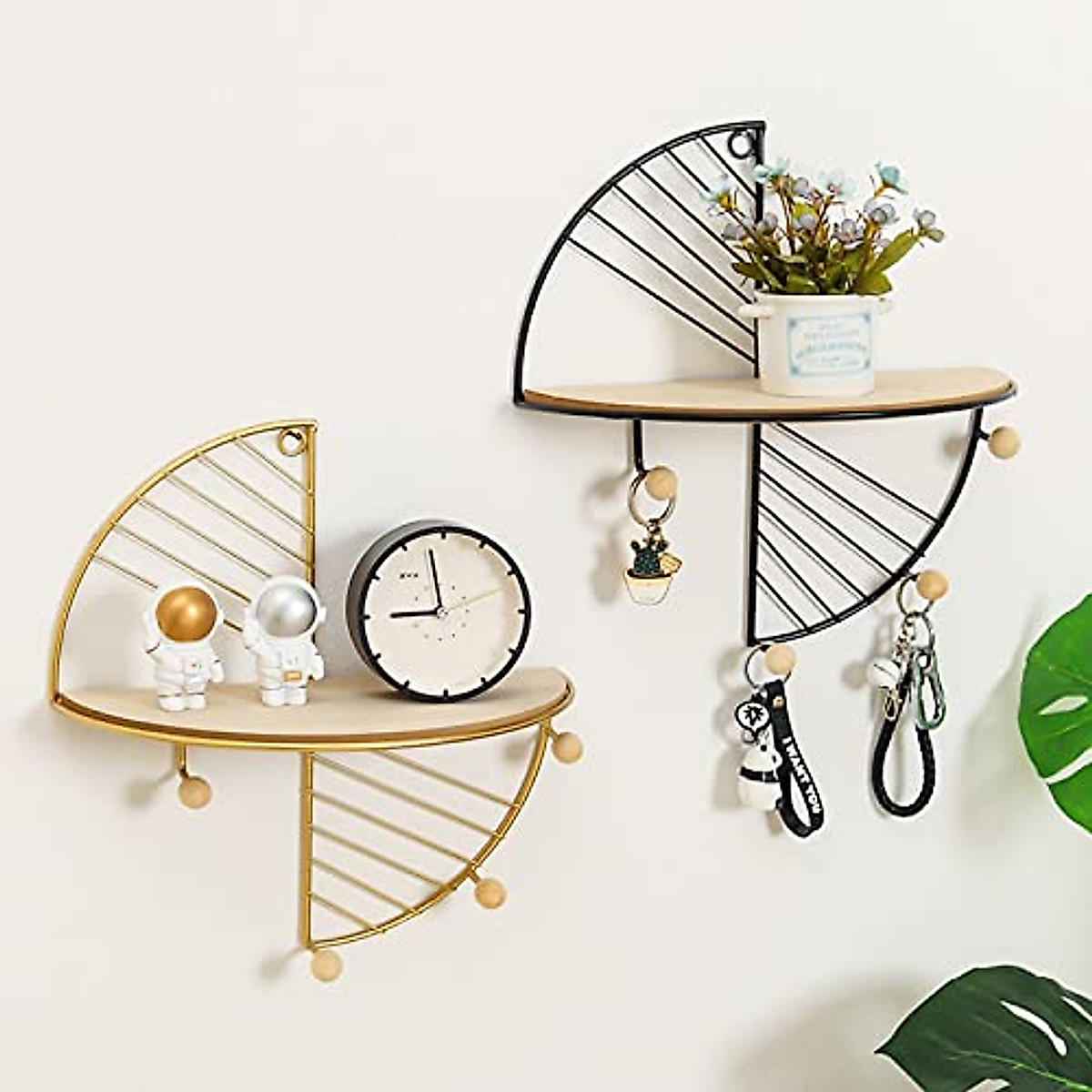 WYSRJ Floating Shelves Wall Mounted Half Round Wall Shelf Wood and Metal Semi-Circle Wall Hanging Shelf Decorative Shelves for Wall Living Room Bathroom Kitchen
