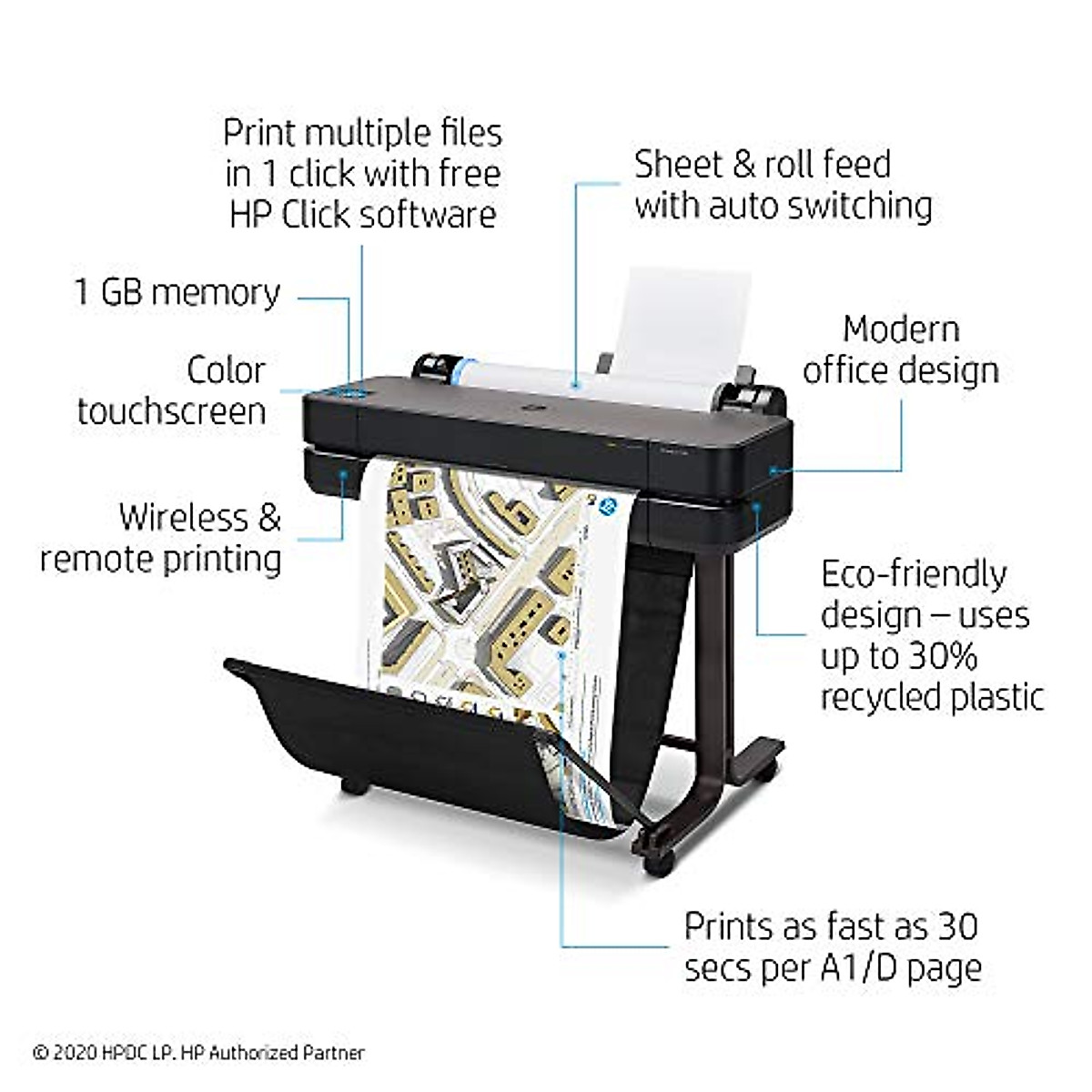 HP DesignJet T630 Large Format Wireless Plotter Printer - 24" (5HB09A), with Multipack and High-Capacity Genuine Ink Cartridges (10 Inks) - Bundle