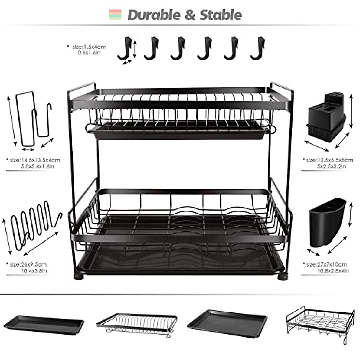 Zvonema Large Dish Drying Rack, 2-Tier Dish Racks for Kitchen Counter, Stainless Steel Dish Drainers with Drainboard & Removable Utensil Holder Cup Holder, Space Saving Dish Rack, Black