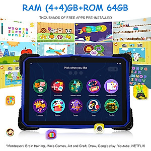 Android 13 Kids Tablet 10 inch Tablet for Kids, 8GB RAM 64GB ROM Toddler Tablets, 8MP Dual Camera, Educational Games Parental Control, Tablet with Kids Software Pre-Installed Kid-Proof YouTube Netflix