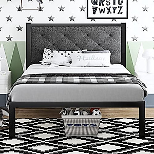 SHA CERLIN Twin Size Metal Platform Bed Frame with Fabric Upholstered Button Tufted Headboard, Mattress Foundation with 17 Strong Metal Slats Support, No Box Spring Needed, Easy Assembly, Dark Grey
