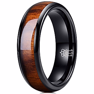 THREE KEYS JEWELRY 6mm Black Tungsten Carbide Wedding Ring for Women with Koa Wood Inlay Domed Wedding Band Engagement Ring Comfort Fit Size 7.5
