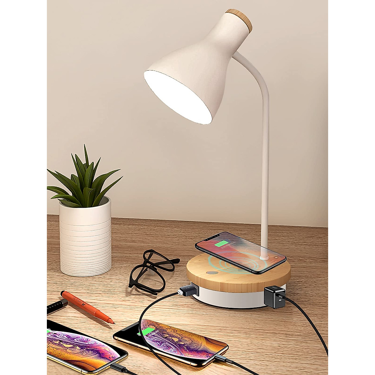 Metal Desk Lamp Wireless Charging Table Lamp Touch Reading Lights Arc Desk Lamps for Bedroom, 3 Way Dimmable Bedside Lamp with USB Charging Ports Lamp for Study Room and Office (White)