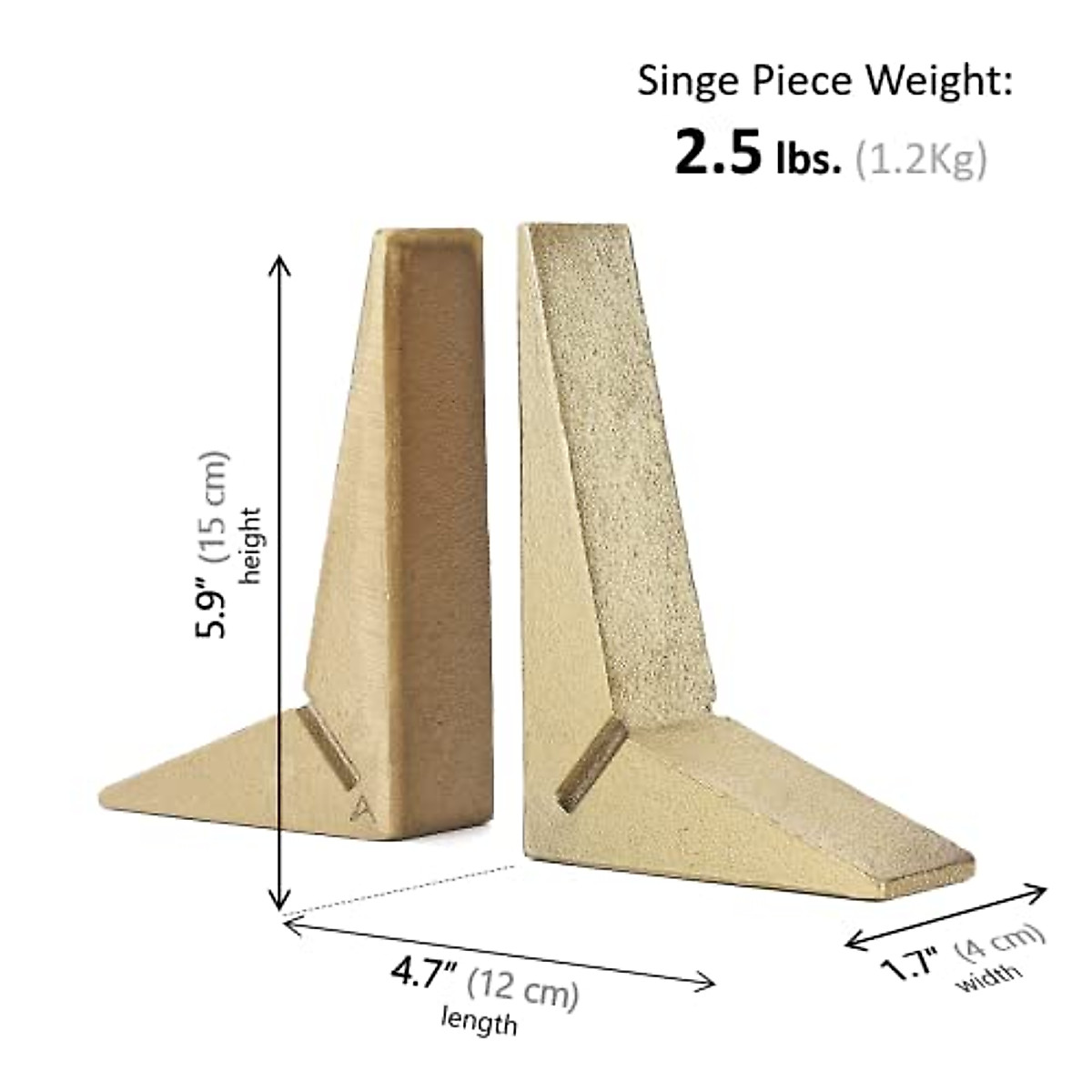 Cast Iron Geometric Decorative Bookends , Sharp Triangle Theme , Heavy Duty , Set of 2 Gold