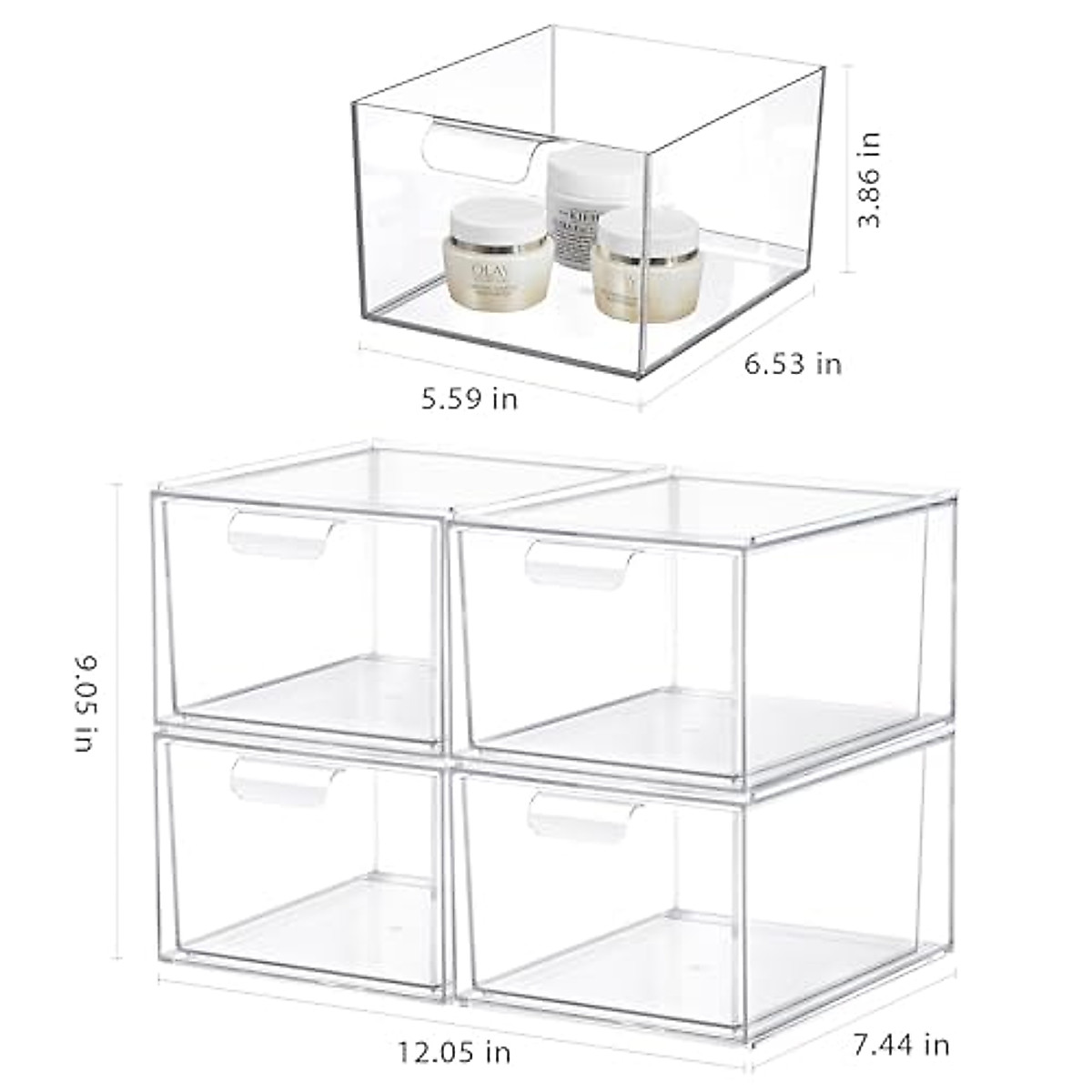 Syntus 4 Piece Set Stackable Makeup Organizer Drawers, 4.4'' Tall Acrylic Bathroom Storage Drawer, Plastic Cosmetics Storage Box for Vanity, Undersink, Skincare, Kitchen Cabinets, Pantry Organization