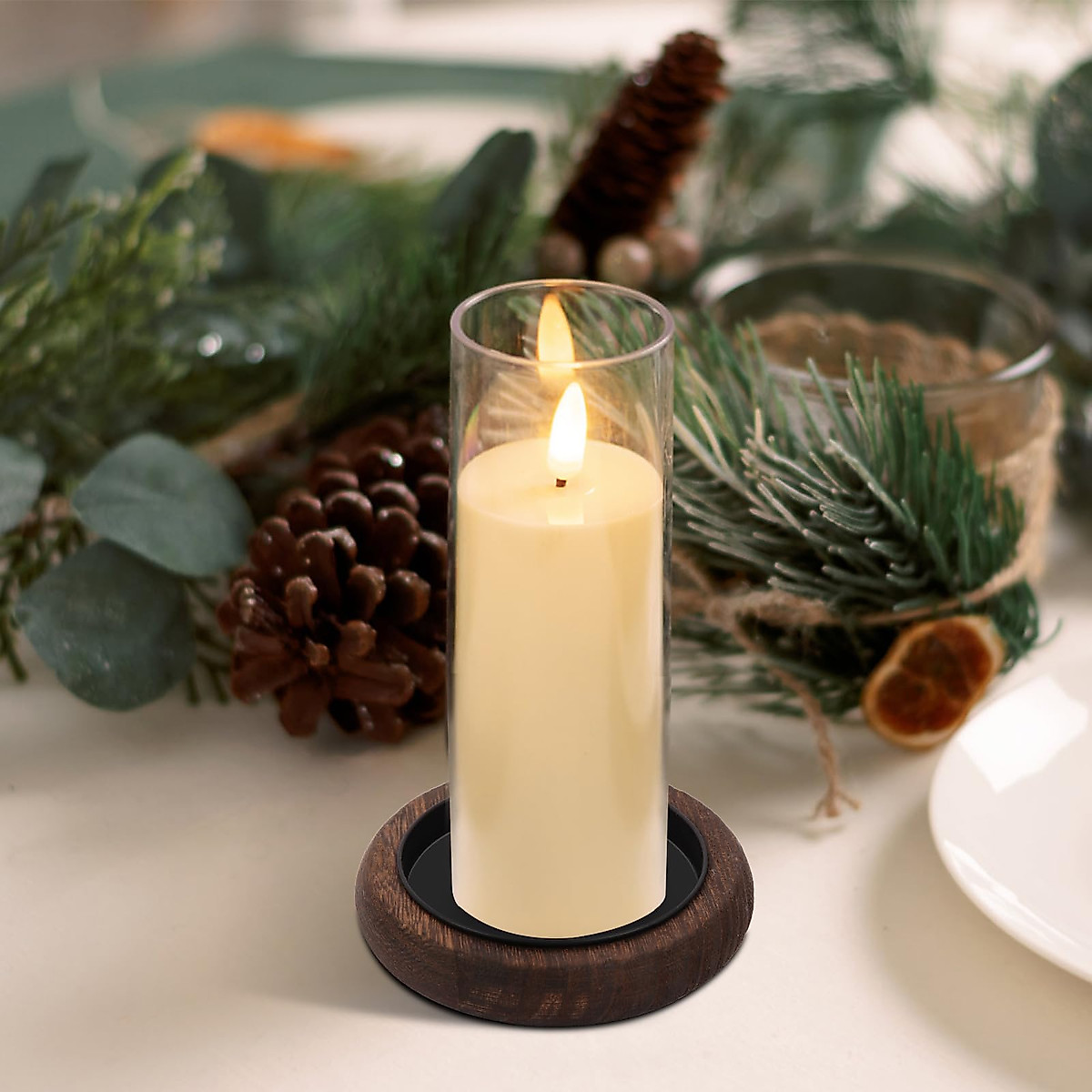 Hatway Wood Candle Holder Farmhouse Decor Wooden Pillar Candles Tray for Table Centerpiece Small Decorative Tray Riser Round Wooden Plate Pedestal Stand for Coffee Table for Christmas Decor Mu-2