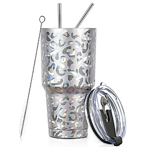 Lifecapido 30 oz Tumbler, Stainless Steel Tumbler with Lid and Straw, Double Wall Vacuum Insulated Tumbler with Lid and Straw, Powder Coated Travel Mug for Hot or Cold Drinks, Laser Leopard-print