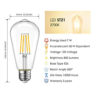 LVWIT ST21 LED Filament Bulb 7W(60 Watt Equivalent) Dimmable 2700K Warm White Vintage Edison Light Bulb E26 Medium Base (6-Pack)