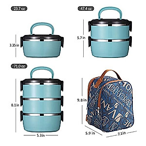 YBOBK HOME 3-Tier Cylinder Bento Lunch Box, Keep Food Warm Thermal Stackable Lunch Container For Adults To Work, Portable Insulated Stainless Steel Food Container With Bag (Blue 71oz)
