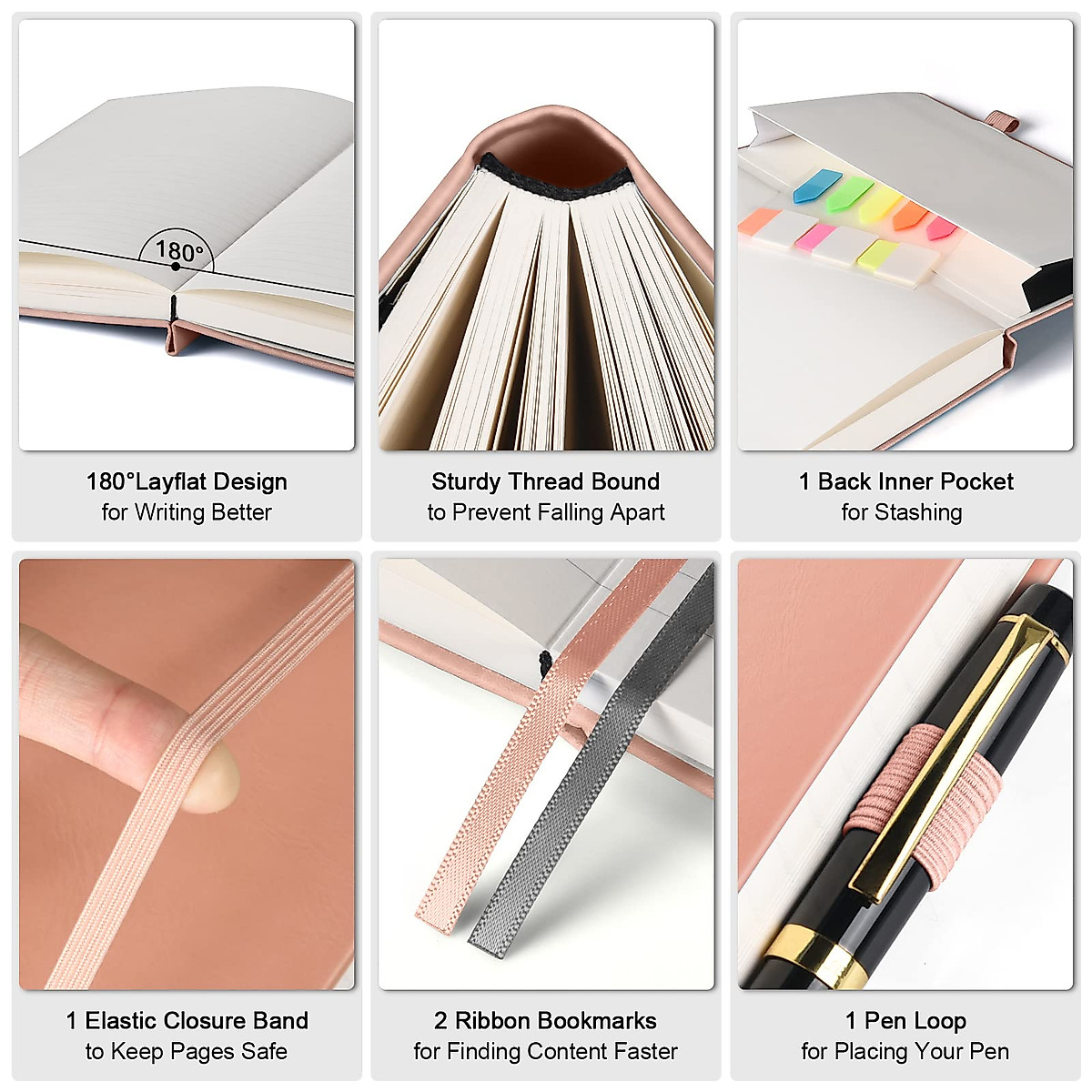 College Ruled Notebook, Large B5 Lined Journal Notebook, 314 Numbered Pages Work Notebook with Index Stickers, 100gsm Thick Paper, Hardcover Vegan Leather Journal for Women Men School Office, Pink