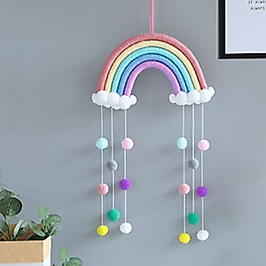 Boho Rainbow Nursery Decor Pom Pom Ball Handmade Macrame Rainbow Cloud Raindrop Wall Hanging Tassel for Home Decor Baby Room Nursery Classroom Dorm Room Baby Shower Party Supplies -Pink