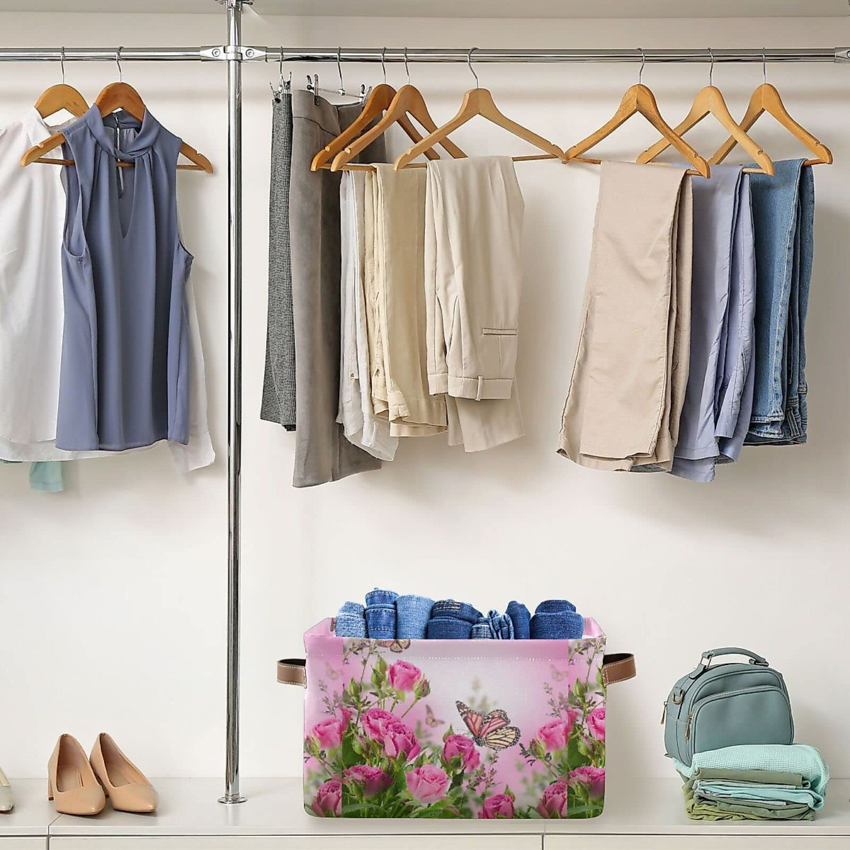 ALAZA Pink Rose Floral Butterfly Foldable Storage Box Storage Basket Organizer Bins with Handles for Shelf Closet Living Room Bedroom Home Office 1 Pack