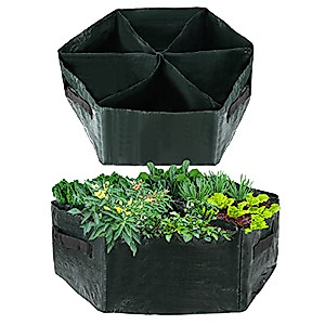 2 Pack 27 Gallon PE Fabric Raised Garden Planter Bed- Sturdy 6 Divided Grids Raised Vegetable Grow Bags with Handles & Drainage Holes Durable Hexagon Potato Tomato Planting Grow Pot for Plants Flower