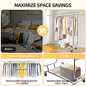 Rolling Clothing Racks for Hanging Clothes, Heavy Duty Clothing Garment Rack Holds 610LBS, Portable Clothes Rack with Wheels Collapsible Commercial Garment Rack for Closet Bedroom Laundry Room