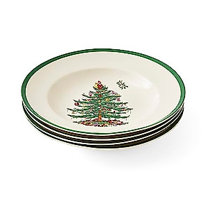 Spode Christmas Tree 9" Soup Plate (Set of 4) - Stoneware Soup Bowls with Festive Tree Design & Green Rim, Ideal for Serving Soup, Pasta, Salad - Microwave & Dishwasher Safe Holiday Dinnerware