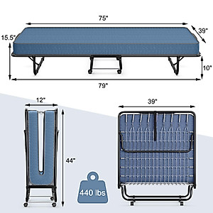 Giantex Folding Bed with Mattress, Foldable Guest Bed with 4-Inch Mattress & 4 Wheels, Portable Fold up Bed for Adults, Space-Saving for Home, Office, Made in Italy, Rollaway Bed Twin Size