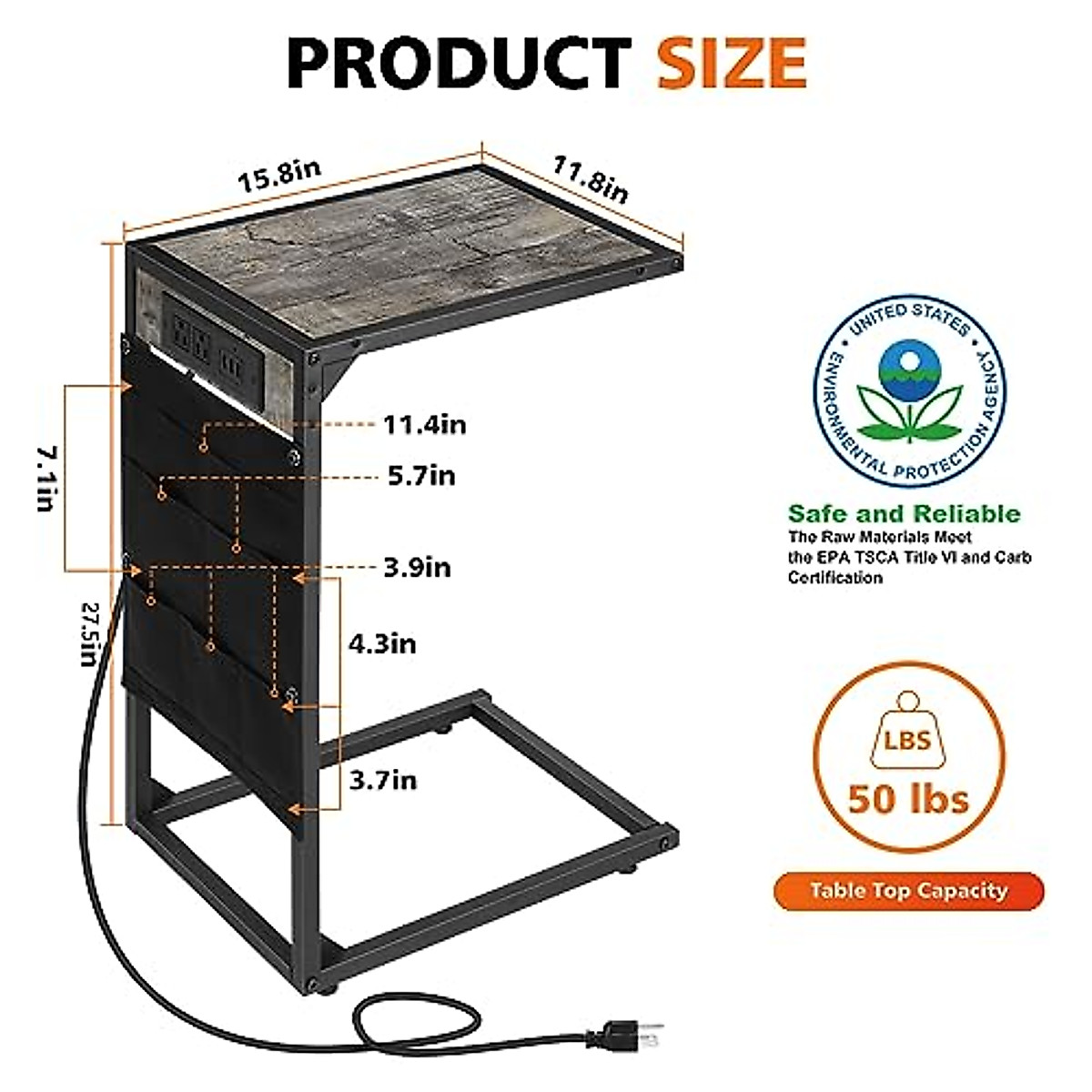 Set of 2 C Shaped End Table with Charging Station, Snack Side Table, C Tables for Couch, Couch Tables That Slide Under, for Living Room, Bedroom, Gray