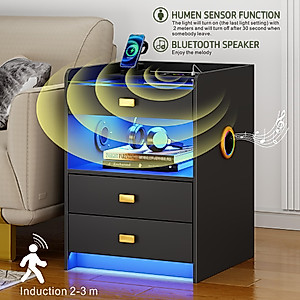 Nightstands with LED Lights, Smart Night Stand with Bluetooth Speakers & Body sensors, Modern Side Tables with Wireless Charging Stations,Black Bedside Table with Drawers (Black)
