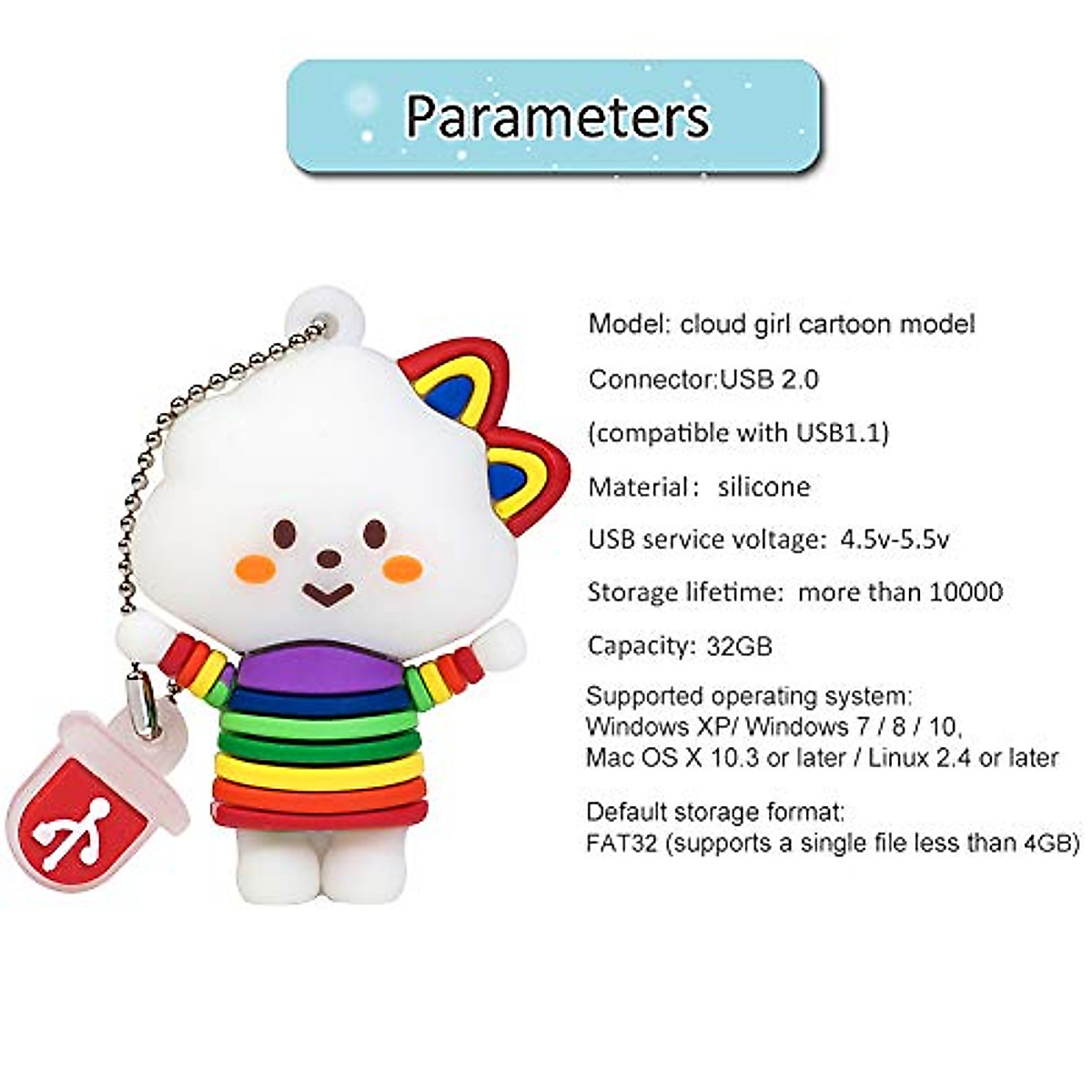 BorlterClamp 32GB USB Flash Drive Cute Cartoon Cloud Girl Model Memory Stick, Gift for Students and Children