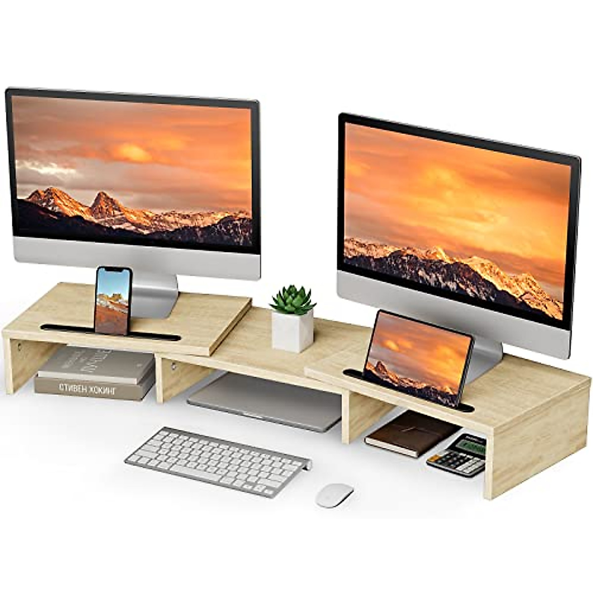 LORYERGO Dual Monitor Stand - Adjustable Computer Stand with Slot for Tablet & Cellphone, 44 lbs Capacity