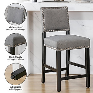 DAGONHIL 24 inch Bar Stools Set of 2, Counter Height Stools, Fabric Upholstered Barstools with Back and Wood Leg, Armless Dining Chairs with Silver Copper Nail for Kitchen Island Pub Living Room(Gray)