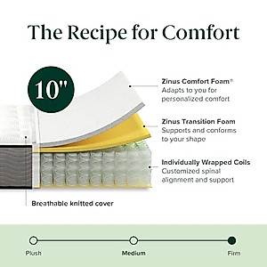 ZINUS 10 Inch Support Plus Pocket Spring Hybrid Mattress, King, Strong Coils for Durable Support, Pocket Innersprings for Motion Isolation, Mattress in A Box