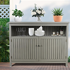 Spurgehom Outdoor Console Sideboards Buffet Cabinet, Solid Wood Storage Cabinet TV Stand,Furniture for Patio Entryway Deck(Grey)