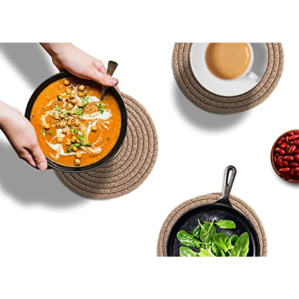 Avalon Pot Holders Trivets for Hot Dishes Hot Pads for Kitchen Trivets for Hot Pots and Pans - Cotton Hot Pads Pot Holders Stylish Large Coasters & Hot Mats (Brown Set of 3-7 Inch Diameter)