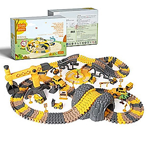 TUMAMA 258pcs Construction Race Track Vehicle Toys for Boys and Girls with 2 Electric Cars,STEM Building Bendable Race Cars Trucks Track Sets for Toddlers 3 4 5 6 Years Old
