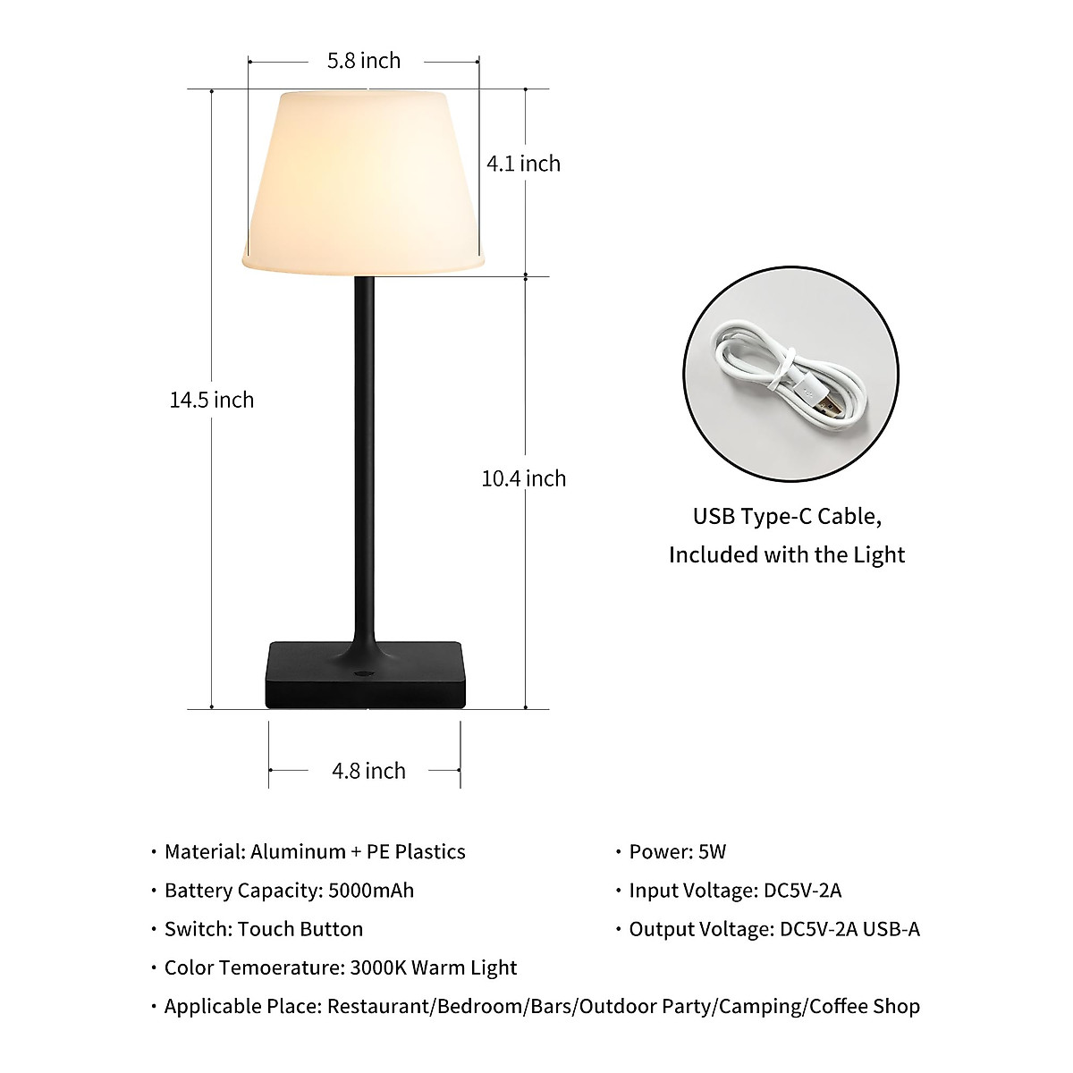 VISDANFO Outdoor Cordless Portable Table Lamp,5000mAh Rechargeable Battery Operated Dimming LED Desk Lamp,IP44 Waterproof,Modern Night Light for Camping Restaurant Bedroom Bars Home Party(Black)