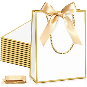 Silkfly 24 Pcs Thank You Gift Bags with Handles Blank Paper Bag Bulk with Bow Ribbon DIY 9 x 7 x 3.15'' Gift Wrapping Bags for Christmas Wedding Baby Shower Birthday Party Gift(White, Gold)