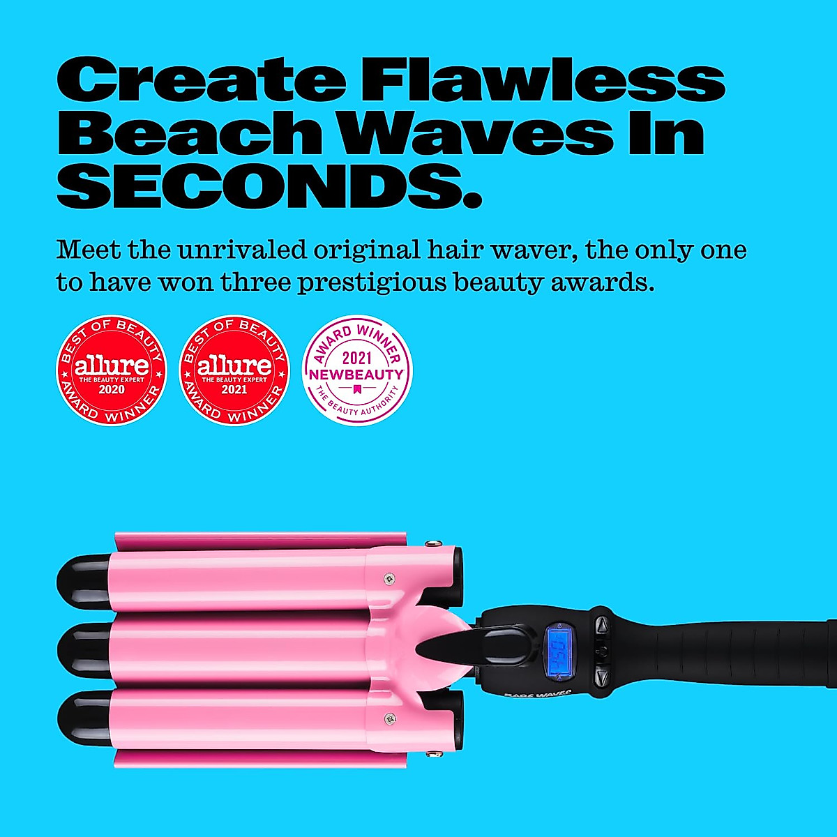 Trademark Beauty Three Barrel Hair Waver, Curling Iron, 1 Inch, Beach Waves, Quick Heat, Babe Waves Original, Adjustable Temperature Hair Curler - Pink