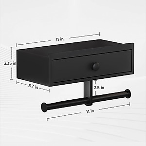 Double Toilet Paper Holder with Shelf,Wall Mount/Adhesive Matte Black Toilet Paper Holder,Wipes Dispenser for Bathroom,Wood Toilet Roll Holder with Storage Drawer