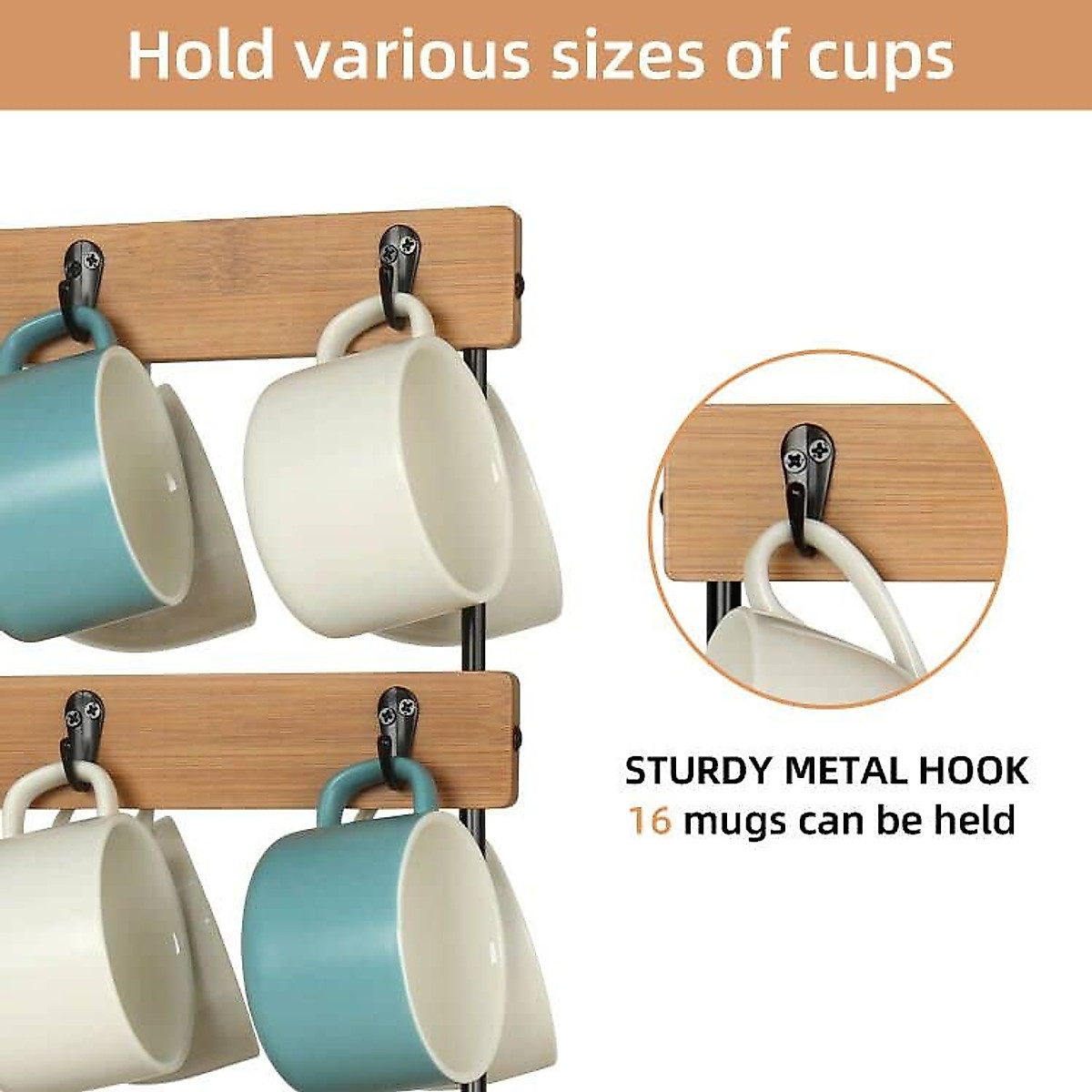 Aomomery Rustic Coffee Mug Holder Stand, Bamboo Mug Tree for 16 Hooks, 2-Tier Countertop Coffee Cup Holder with Storage Base for Kitchen