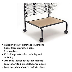 Copernicus Wide 20-Shelf Spring-Loaded Rolling Art Drying Rack for Classrooms and Art Studios, White/Black