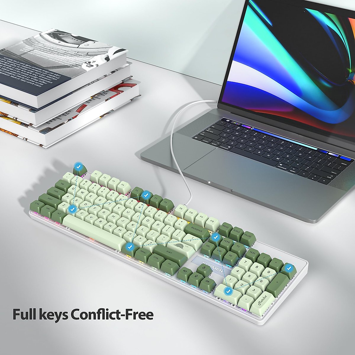 Fogruaden Full Size Mechanical Keyboard, Green Matcha Keyboard, Wired USB 104 Keys RGB Backlit Gaming Keyboard with Number Pad, Red Switches, NKRO Mechanical Keyboard for Windows Laptop PC Gamer