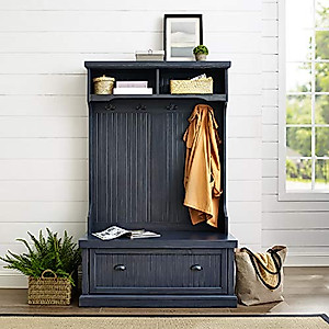 Crosley Furniture Seaside Hall Tree, Entryway Bench with Coat Rack and Shoe Cabinet, Distressed Navy