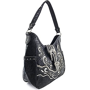 Justin West Floral Embroidery Cutout Stud Rhinestone Buckle Tooled Shoulder Handbag with Concealed Carry (Black tote)