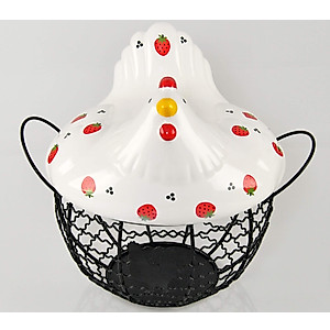 HOME-X Chicken Egg Basket for Egg Storage, Ceramic and Iron Decorative Basket with Chicken Design, Farmhouse Kitchen Decor, Holds 20–25 Eggs, Strawberry Print