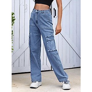 ZMPSIISA Women High Waisted Cargo Jeans Pants Wide Leg Casual Denim Pants 6 Pockets Combat Military Trousers(Denim Blue,X-Large)
