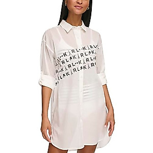 Karl Lagerfeld Paris Women's Standard Paris Logo Collared Swim Coverup, Soft White, Small