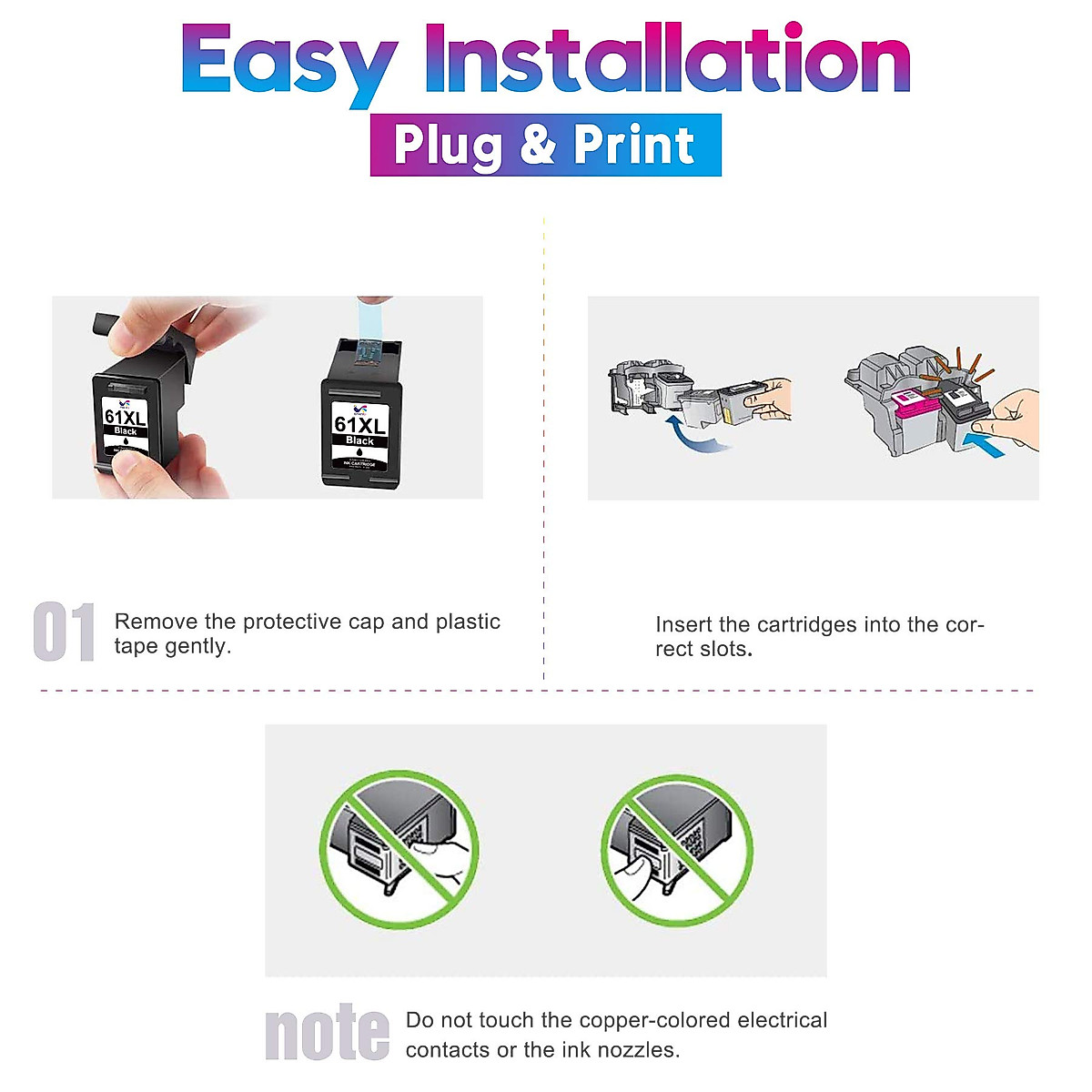 ONLYU Remanufactured 61 Ink Cartridges for HP Printers for HP 61XL 61 XL Envy 4500 5530 Ink Cartridges OfficeJet 4630 2620 DeskJet 1000 1010 1510 1056 1512 2540 Printer (1 Black,1 Tri-Color)