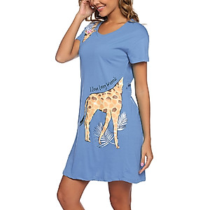 ENJOYNIGHT Nightgown for Women Cotton Short Sleeve Nightshirts Casual Print Sleepwear (Blue Giraffe, Small-Medium)